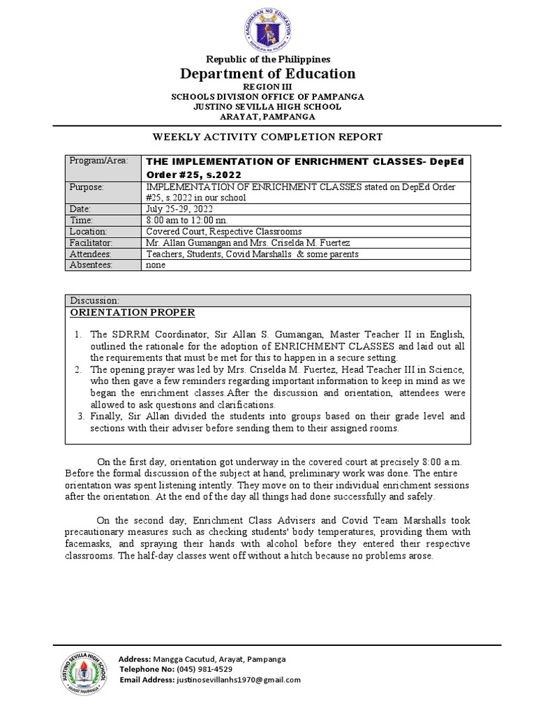 Implementation of Enrichment Classes at Justino Sevilla High School: A ...