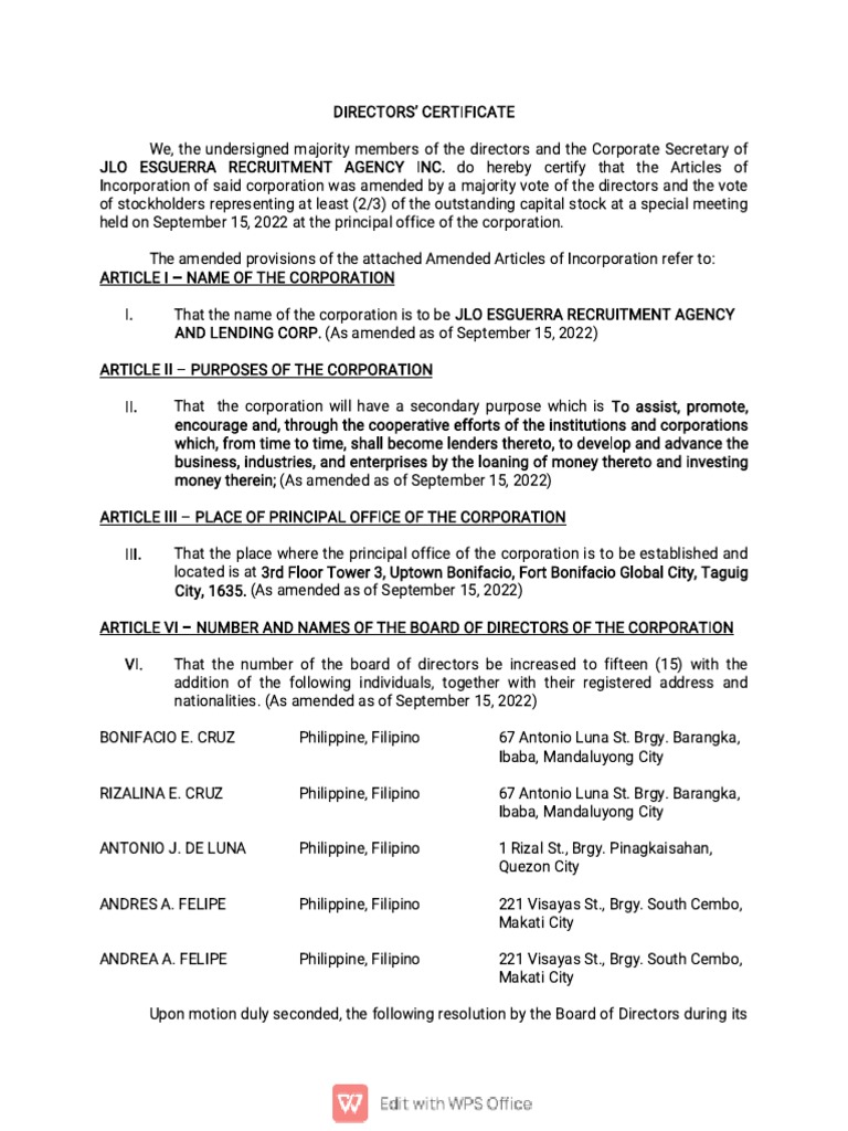 Directors' Certificate of Amendment | PDF