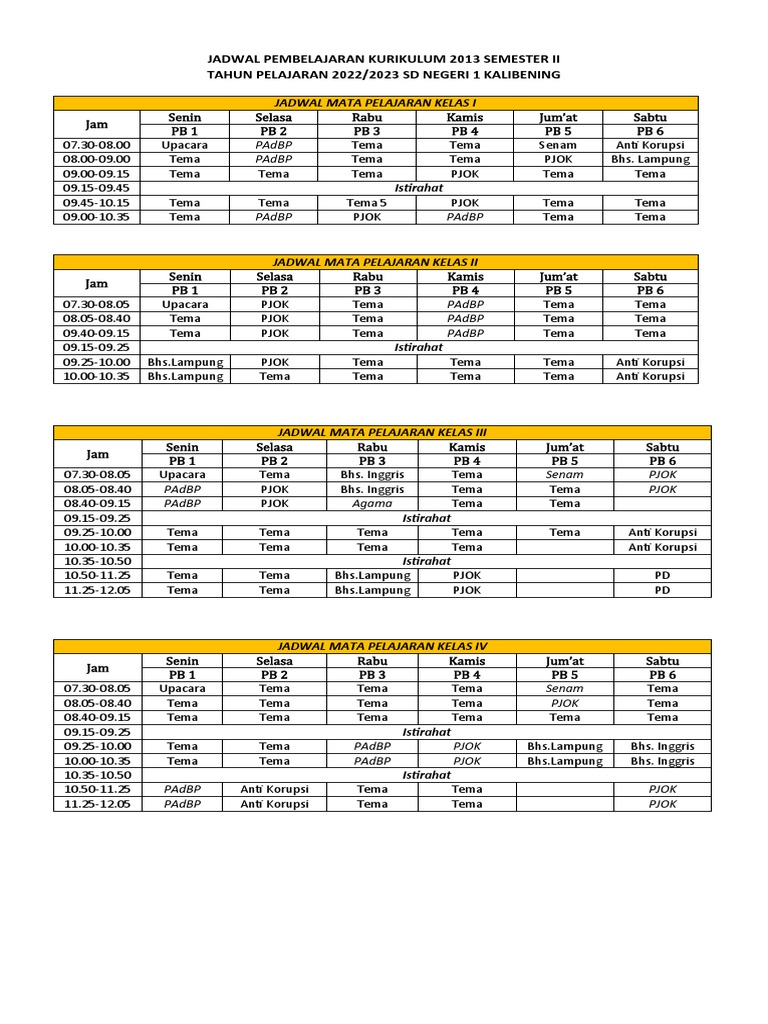 Jadwal Pembelajaran Kelas | PDF