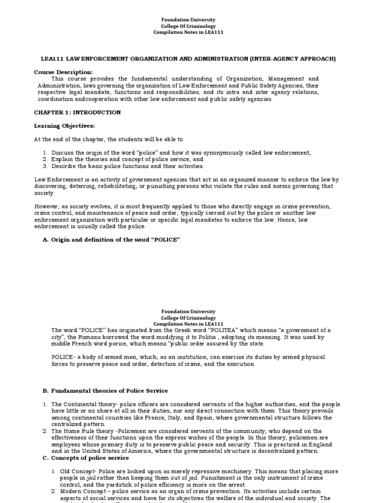 LEA111 LAW ENFORCEMENT ORGANIZATION AND ADMINISTRATION Final Notes ...