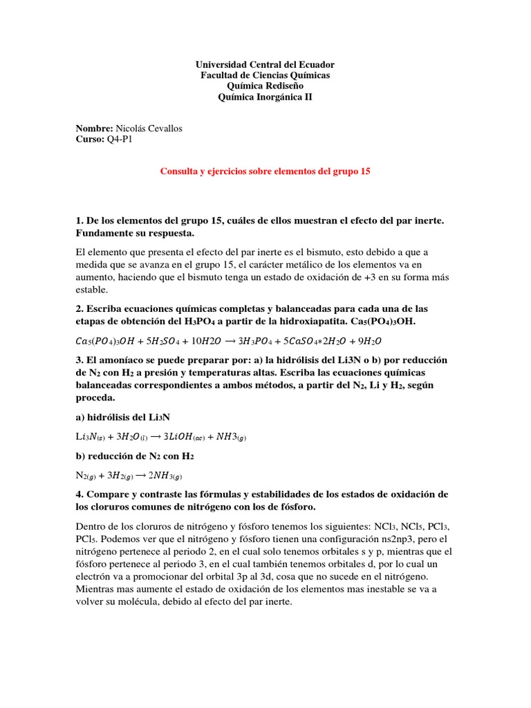 Tarea Elementos Grupo 15 | PDF | Redox | Amoníaco
