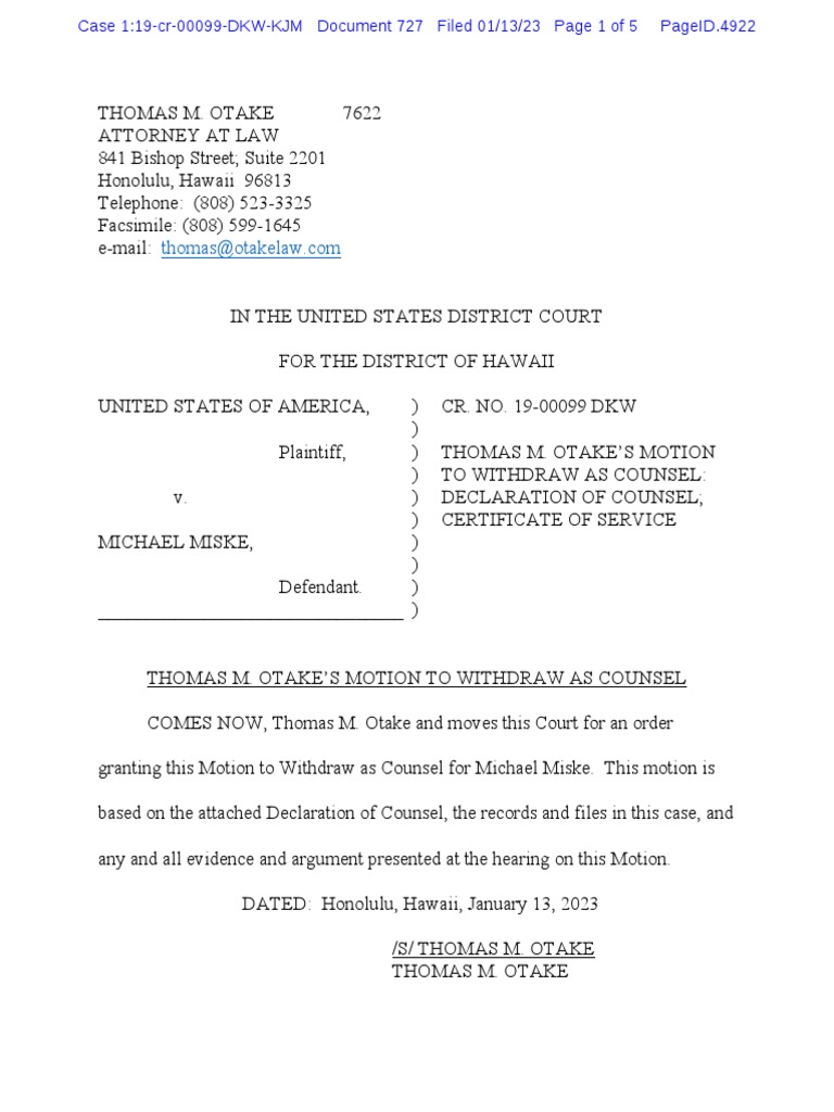 Thomas M. Otake's Motion) To Withdraw As Counsel 1-13-2023 | PDF