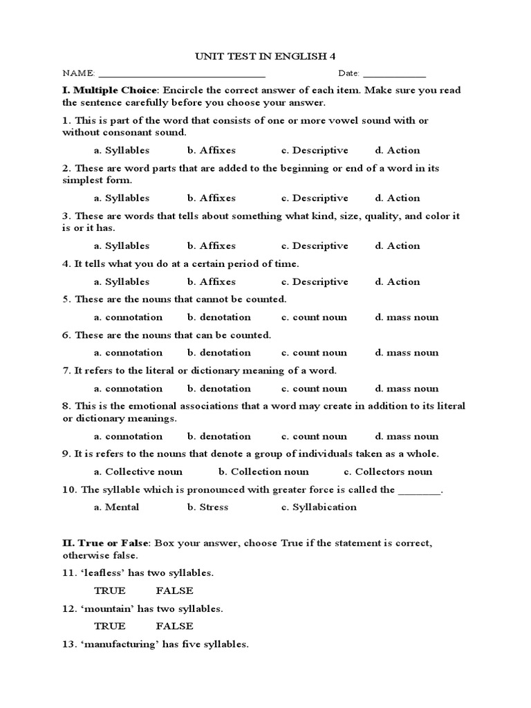 Unit Test in English 4 | PDF | English Language | Linguistic Morphology