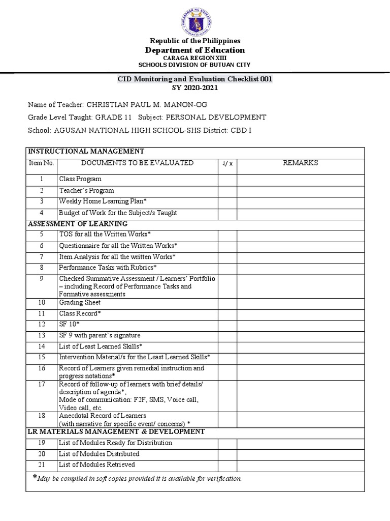 CID Monitoring Tool Evaluation Checklist 001 | PDF | Behavior Modification | Cognition