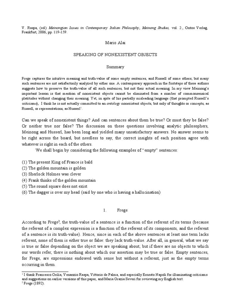Alai, Mario - Speaking of Nonexistent Objects | PDF | Concept | Proposition
