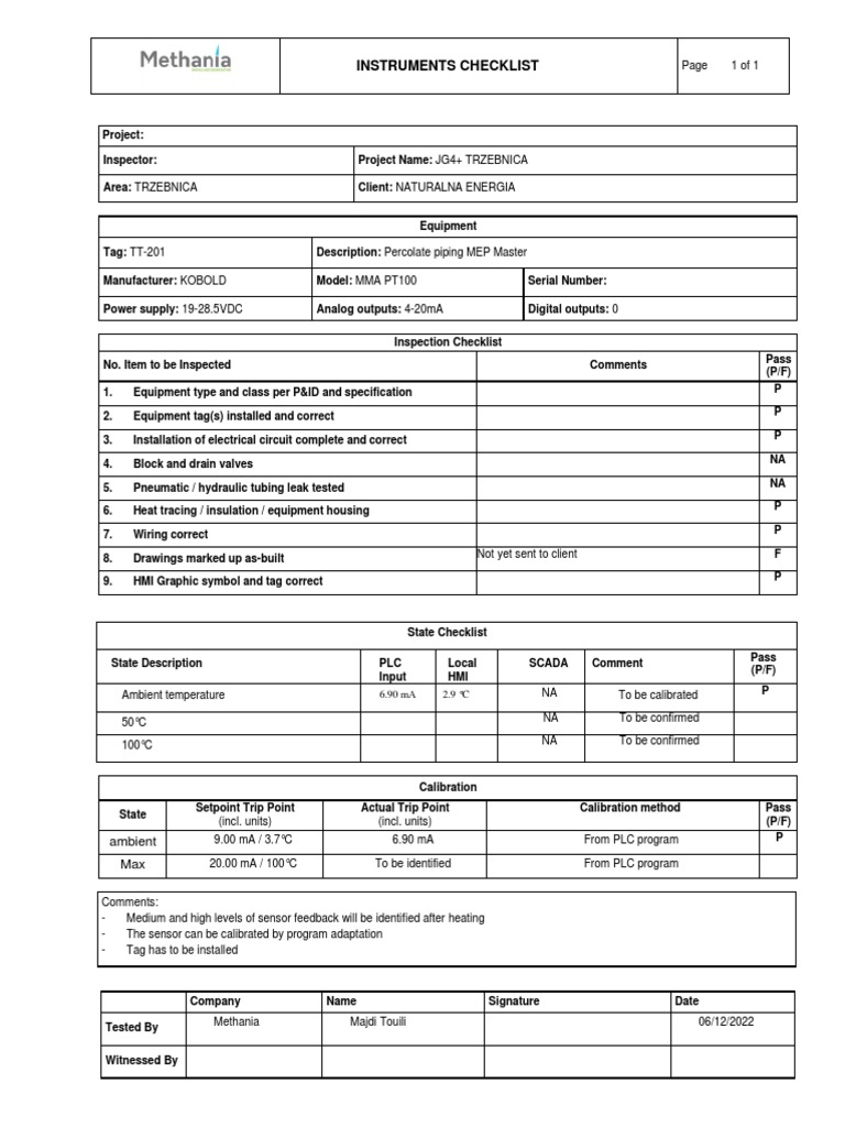 Tt 201 Instrument Commissioning Checklist Pdf Programmable Logic