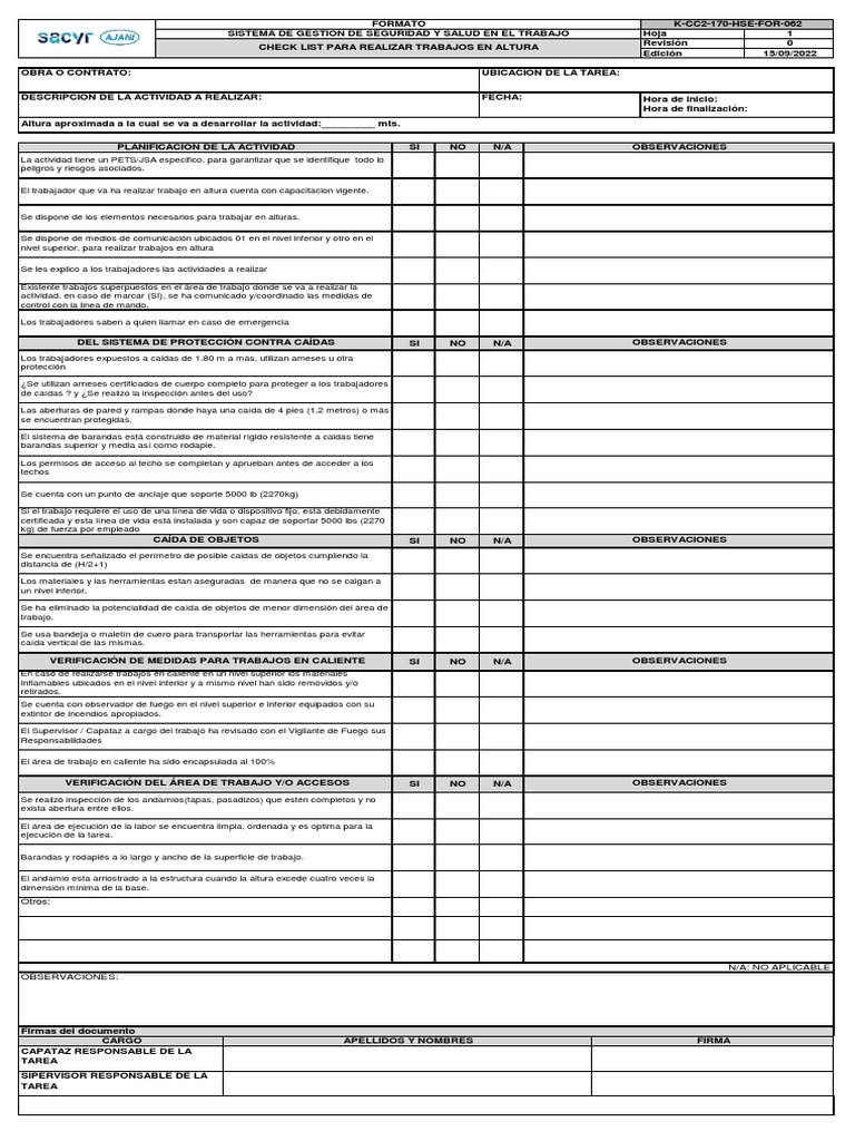 For 062 - Check List para Realizar Trabajos en Altura | PDF