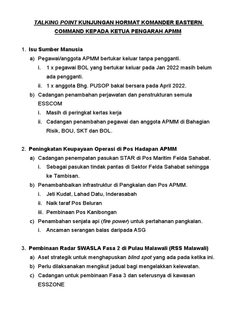 Talking Point Kunjungan Hormat KEC Kepada KP APMM | PDF