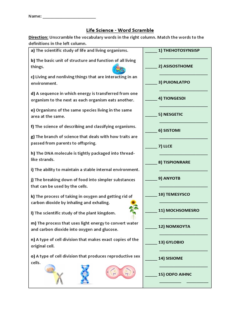 Life Science - Word Scramble | PDF | Organisms | Biology