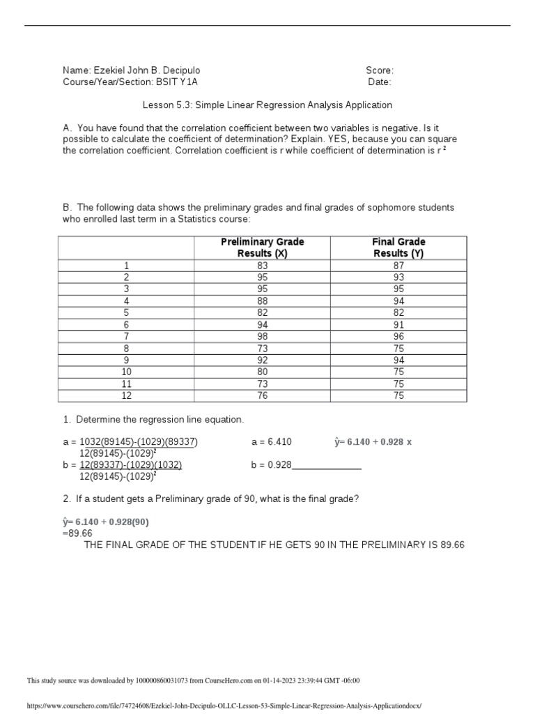 Ezekiel John Decipulo OLLC Lesson 5.3 Simple Linear Regression Analysis Application | PDF ...