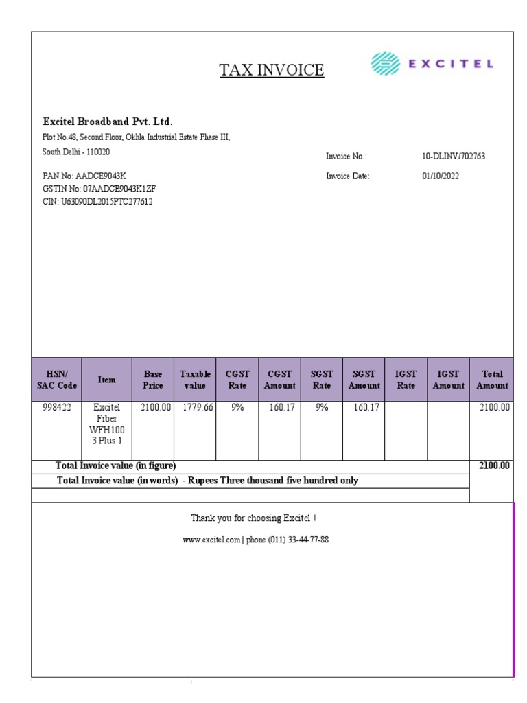 Payment Invoice for Excitel Fiber WFH100 3 Plus 1 Broadband Plan from ...