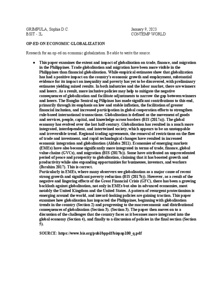 Op-Ed On Economic Globalization - Sophia Grimpula | PDF | Globalization ...