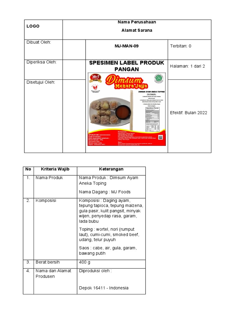 Label Dimsum Ayam MJ Foods | PDF