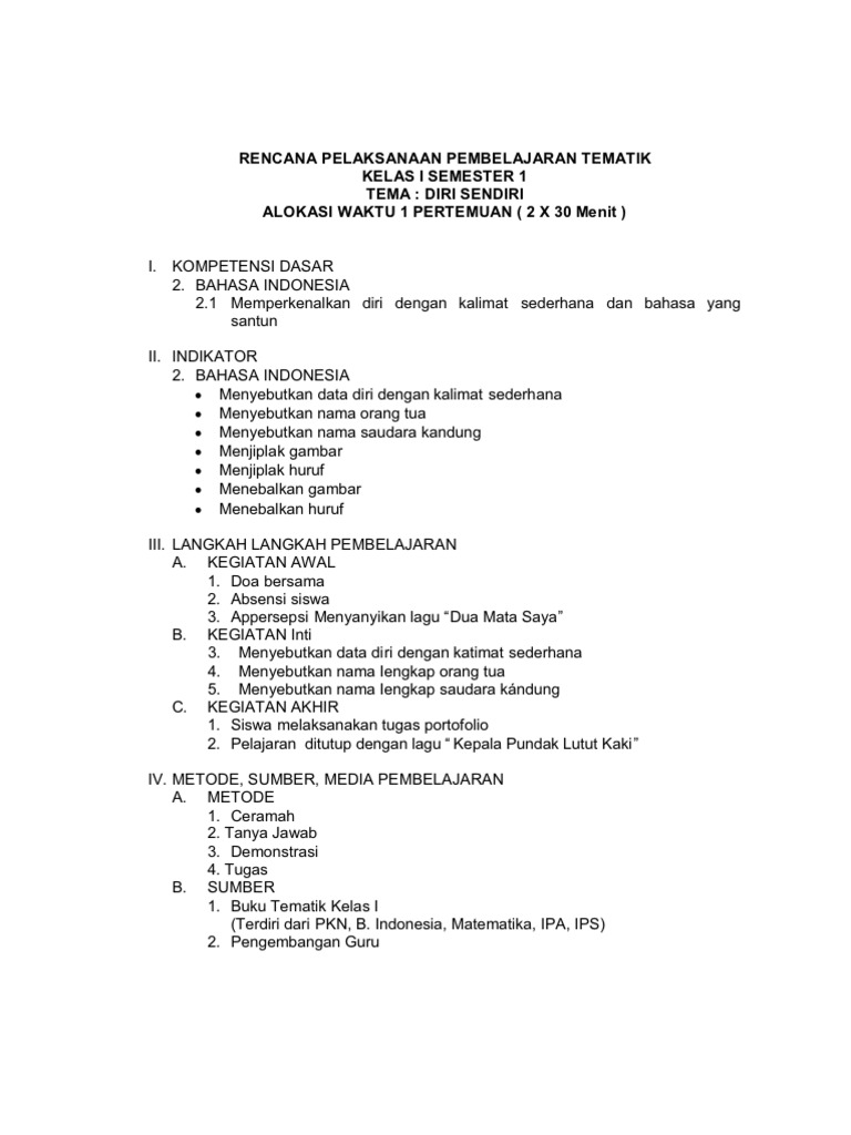 RPP Tematik Kelas 1 I | PDF