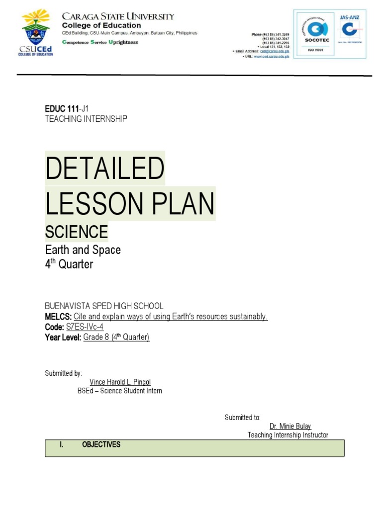 PINGOL VINCE HAROLD Detailed Lesson Plan | PDF | Resource | Natural ...