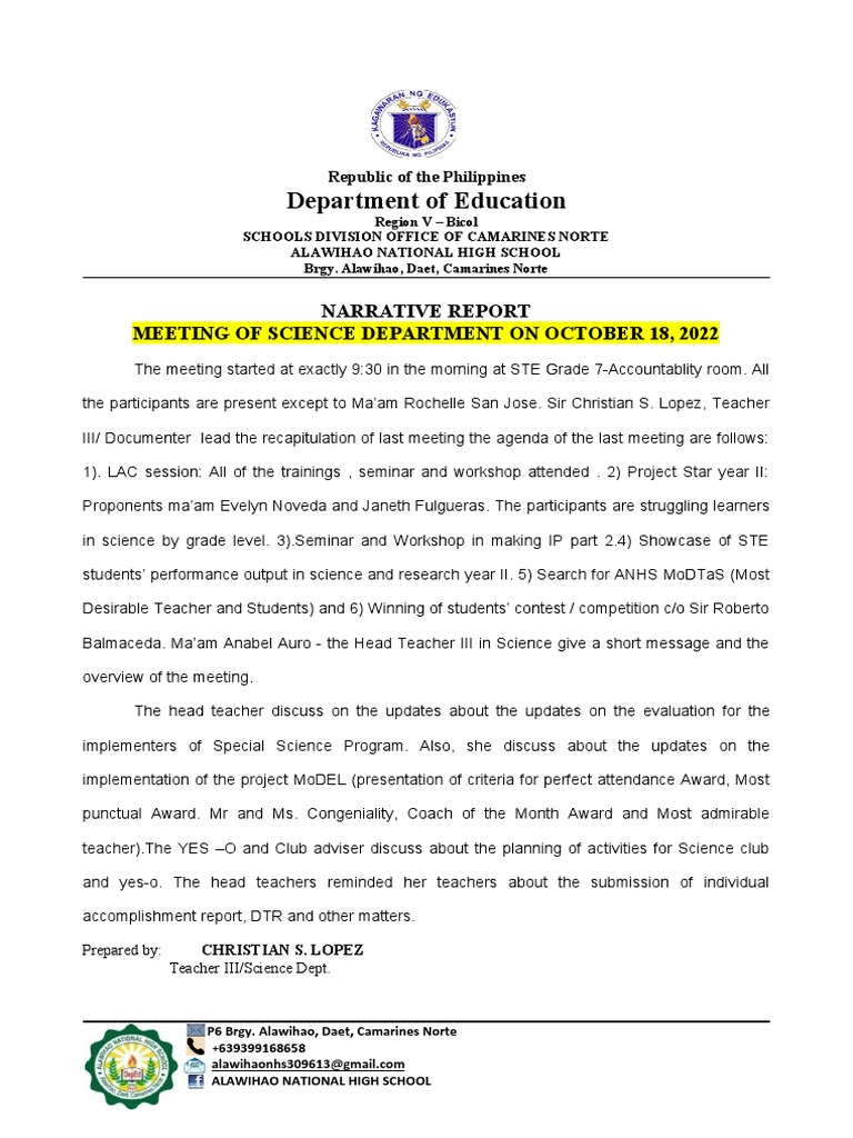 4 Narrative Report-Science 7 | PDF | Learning | Behavior Modification