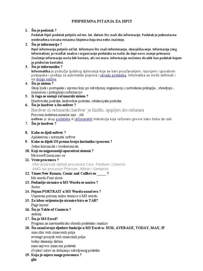 Pripremna Pitanja Za Integralni Ispit - 121069 | PDF