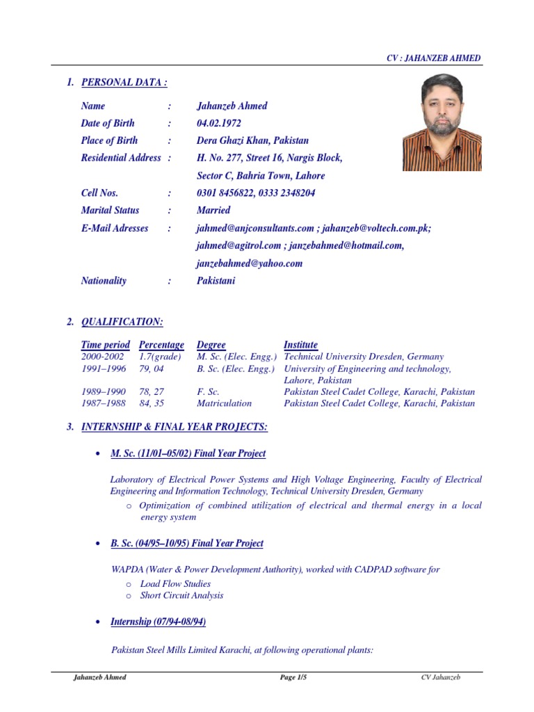 M. Sc. (11/01-05/02) Final Year Project: CV: Jahanzeb Ahmed | PDF | Electrical Substation ...