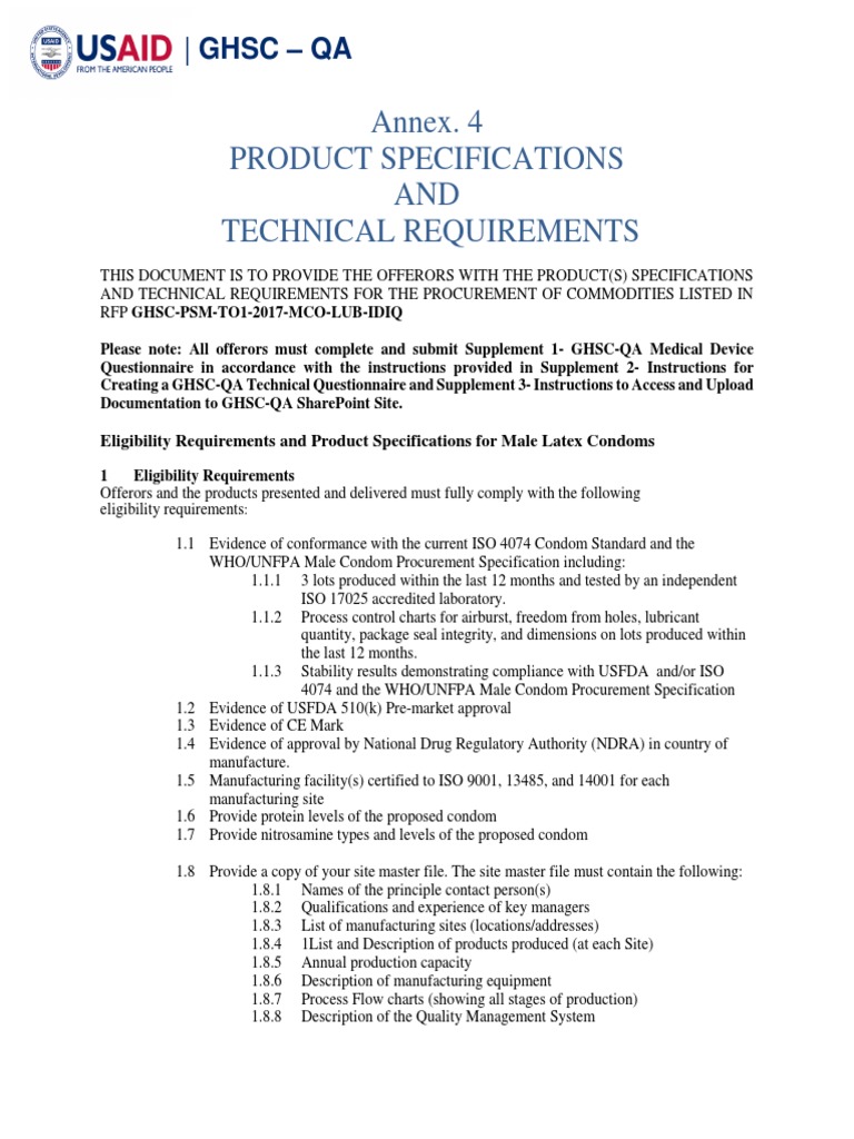 Annex 4 Product Specifications Technical Requirements Ghsc Psm