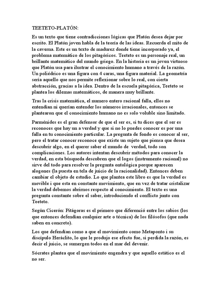Teeteto-Platón. Resumen | PDF | Conocimiento | Verdad
