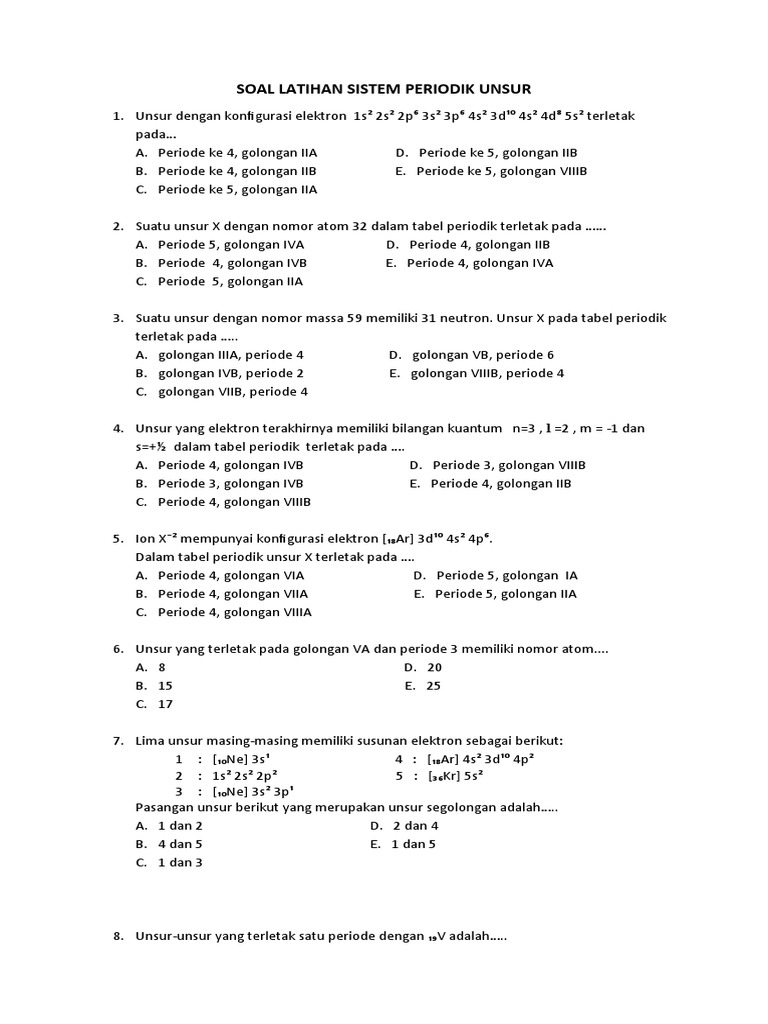 Soal Latihan Sistem Periodik Unsur | PDF