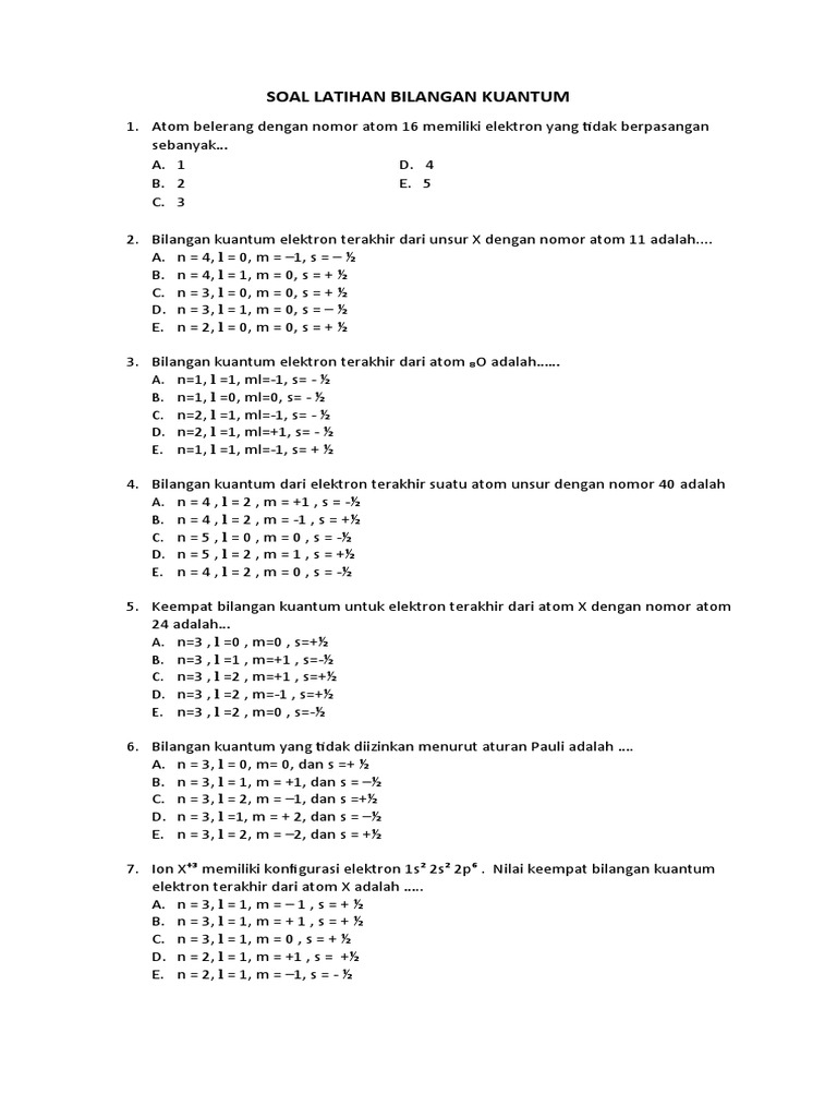 Soal Latihan Bilangan Kuantum | PDF