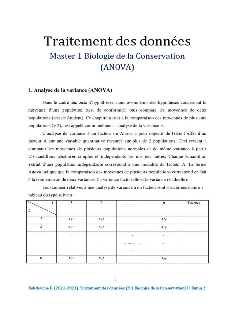 Traitement Des Donnees m1 BC 2022-2023 Anova | PDF