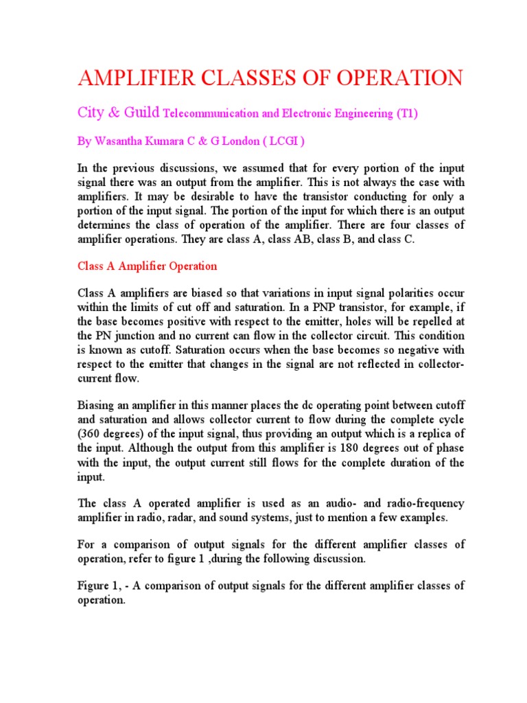 Amplifier Operation Classes Explained | PDF | Amplifier | Bipolar Junction Transistor