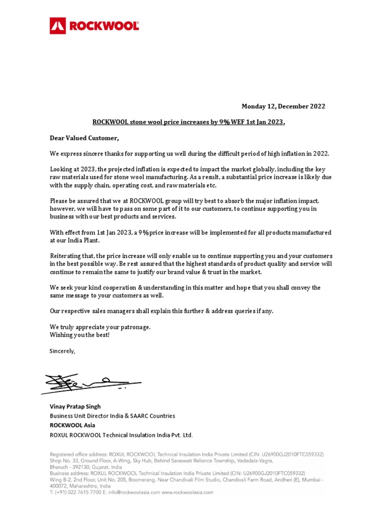 Price Increase Letter 1st Jan 2023 | PDF