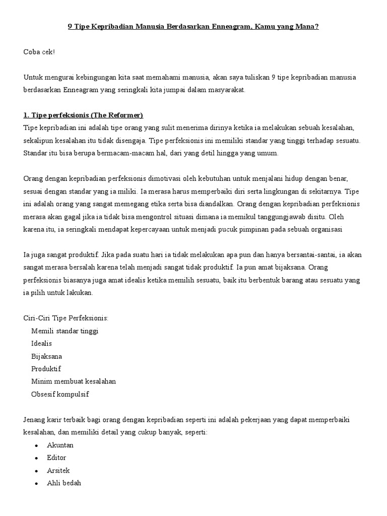 9 Tipe Kepribadian Manusia Berdasarkan Enneagram | PDF