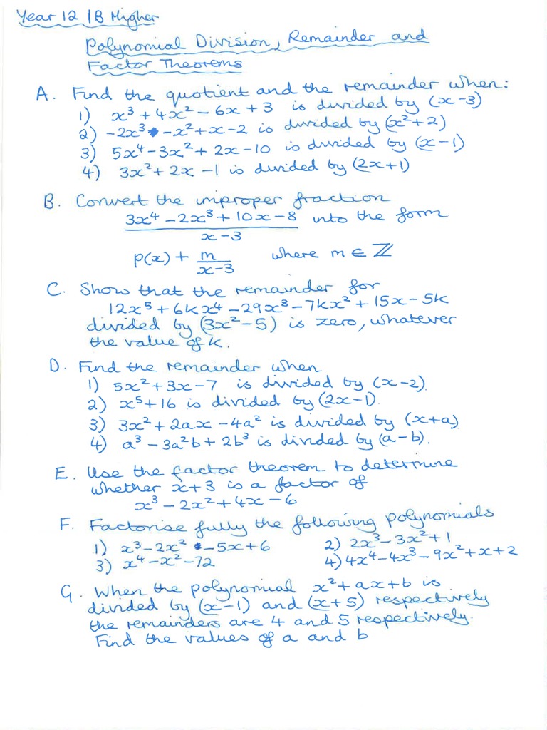 Polynomial Division Remainder and Factor Theorems | PDF