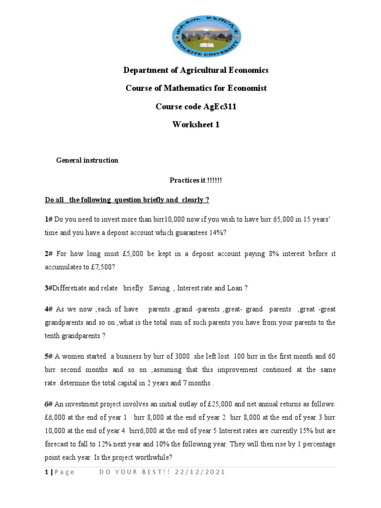 Workshhet One 1 | PDF | Finance & Money Management