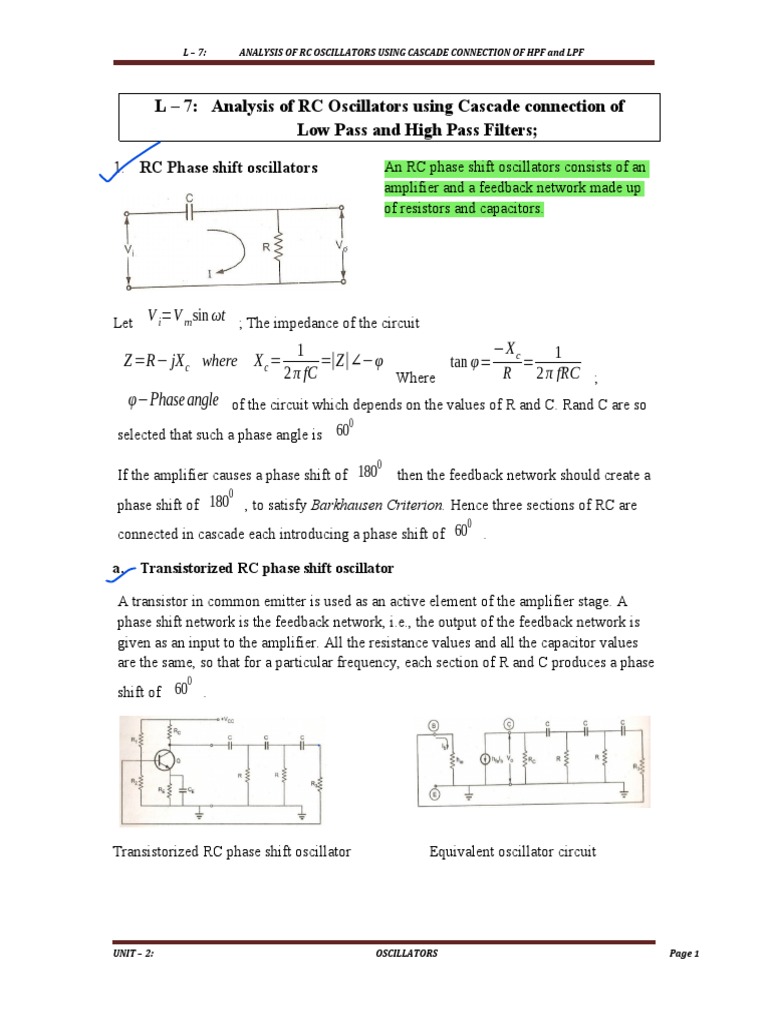 ANALYSIS of RC OSCILLATORS Using Cascade Connection of LPF and HPF | PDF | Amplifier ...
