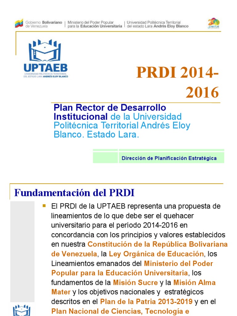 Plan Rector Presentación PRDI 2014-2016 | PDF | Institución | Venezuela