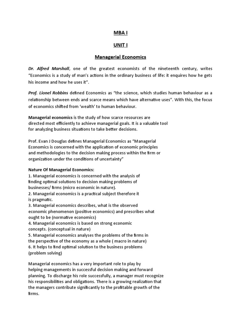 MBA I UNIT I Notes of Managerial Economics | PDF