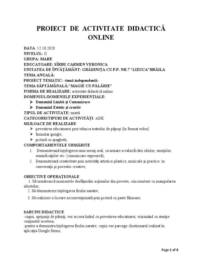 Proiect de Activitate Didactica Online - Doc SIRBU CARMEN | PDF