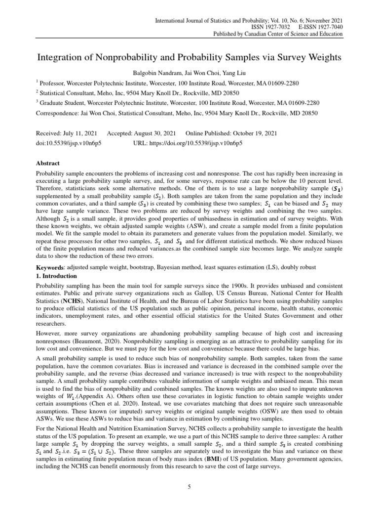 Integration of Nonprobability and Probability Samples Via Survey Weights | PDF | Bias Of An ...