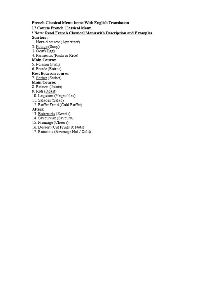 French Classical Menu Items With English Translation | PDF
