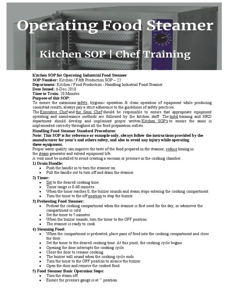 Kitchen SOP for Industrial Food Steamer | PDF | Kitchen | Foods