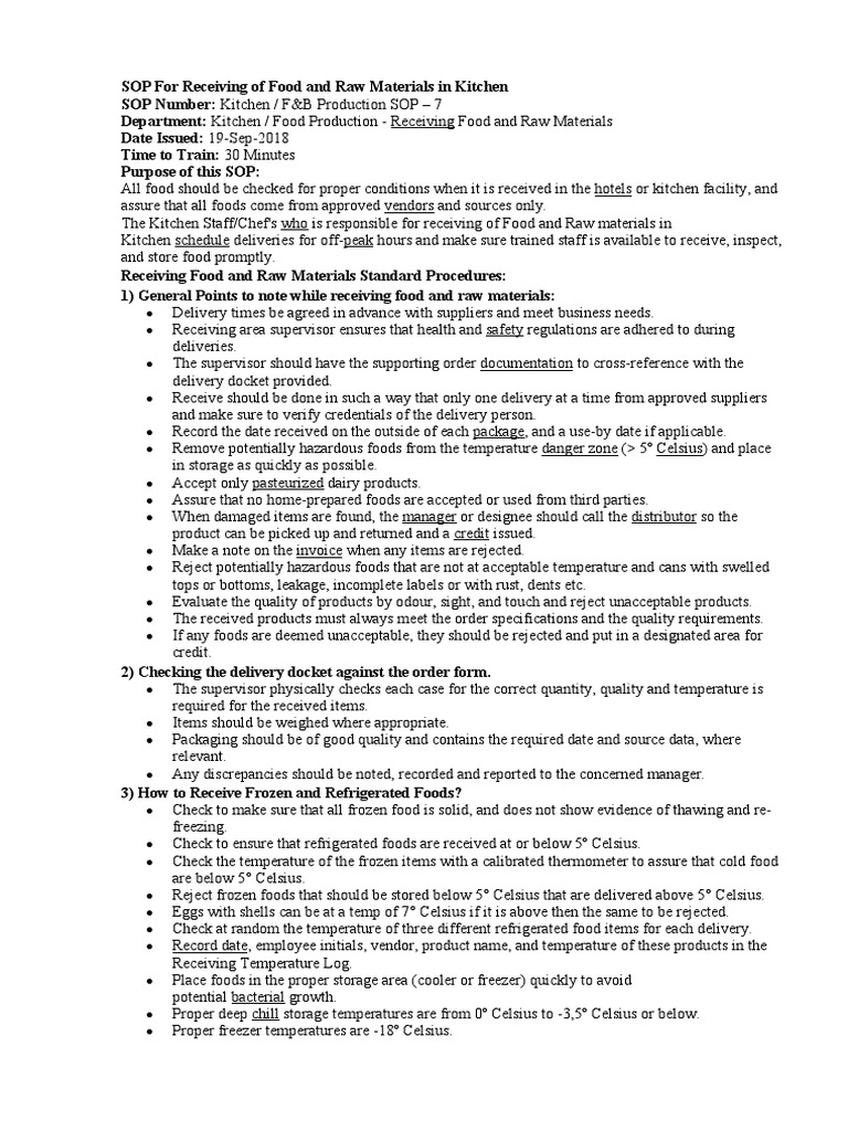 SOP For Receiving of Food and Raw Materials in Kitchen | PDF | Foods ...