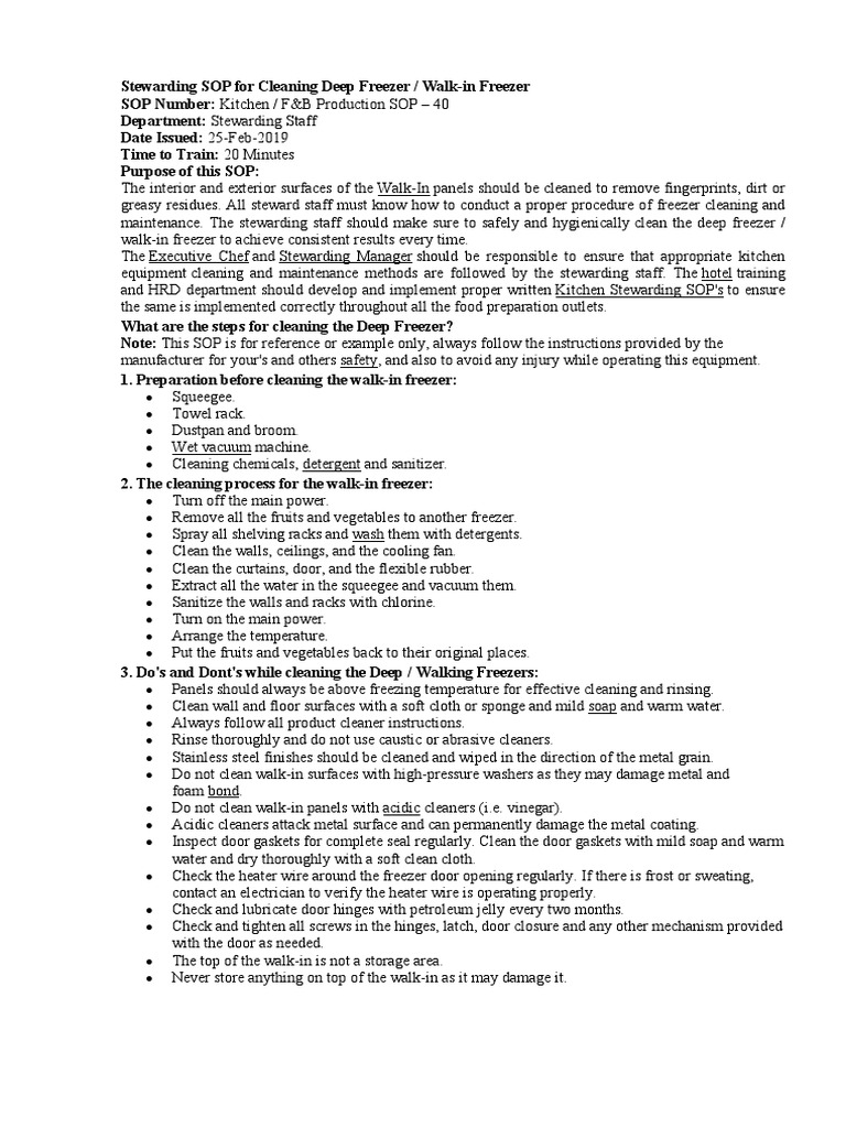 Stewarding SOP For Cleaning Deep Freezer Walk-In Freezer | PDF ...