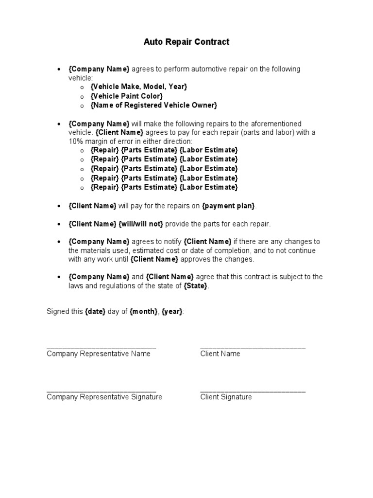 Auto Repair Contract | PDF
