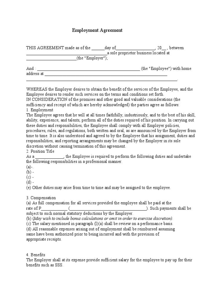 Employment Agreement | PDF | Employment | Performance Appraisal