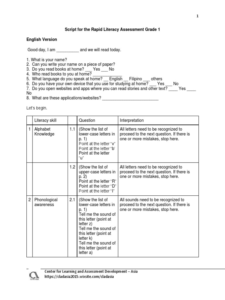 Grade 1 Rapid Literacy Assessment Script | PDF | Question | Literacy