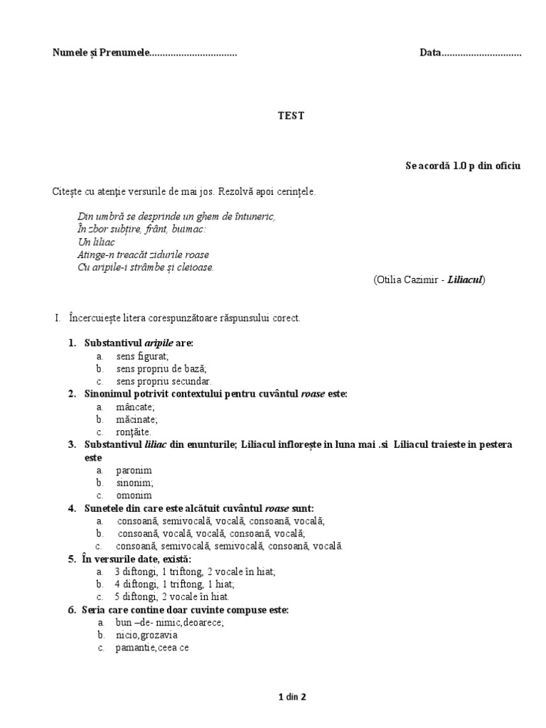 Test Clasa A 8-A | PDF