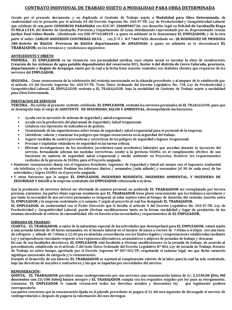 Contrato de Trabajo para Obra Determinada | PDF | Derecho laboral | Seguridad y salud ocupacional