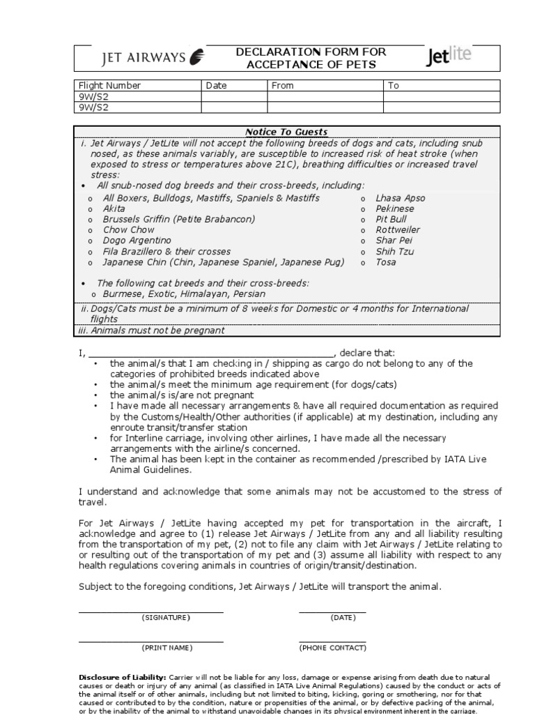 Pet Transport Declaration Form | PDF | Breeds | Dogs