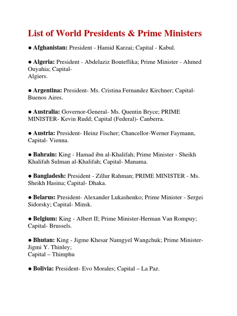 List of World Presidents | PDF | Politician | Heads Of State
