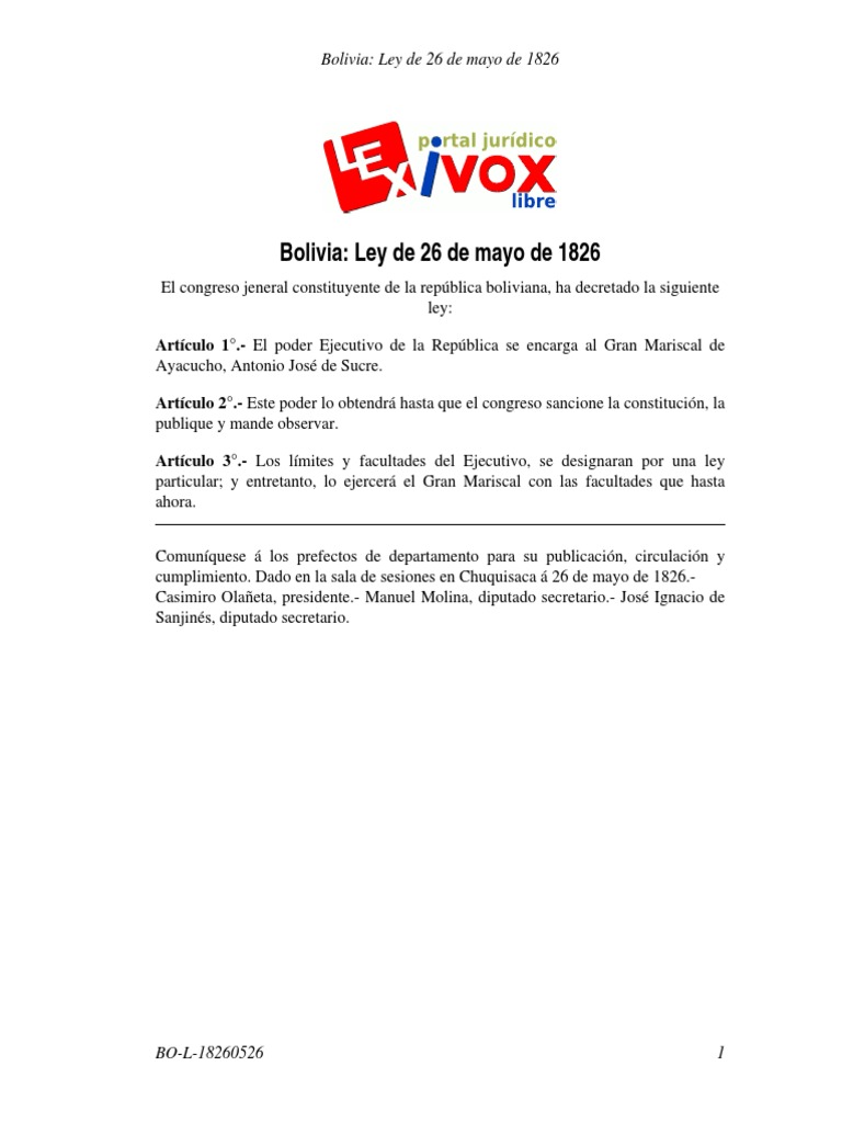 Ley de Bolivia del 26 de mayo de 1826 | PDF | Bolivia | Gobierno