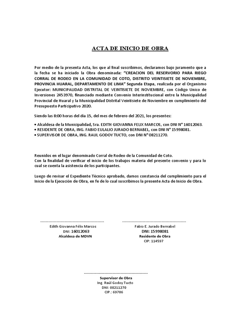 Acta de Inicio de Obra Reservorio Coto 2da e | PDF
